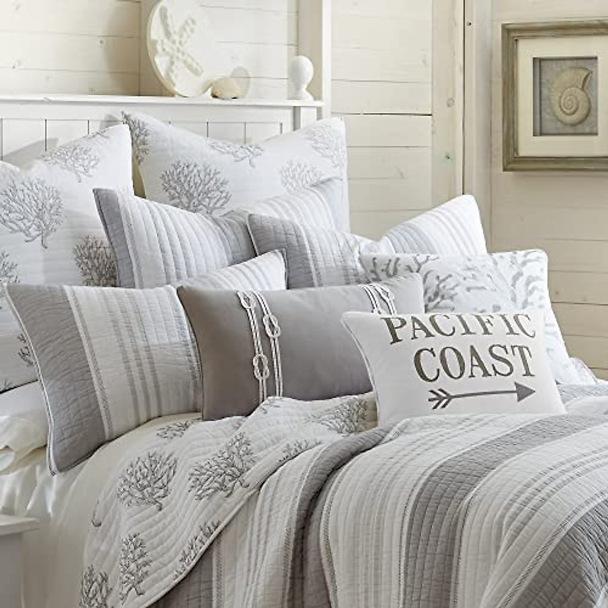 Levtex Home - Nantucket King Quit Set - Striped Coastal - Grey & White - Quilt Set Size 106x92in. and Two Shams 20x36in. - Reversible - Cotton Fabric