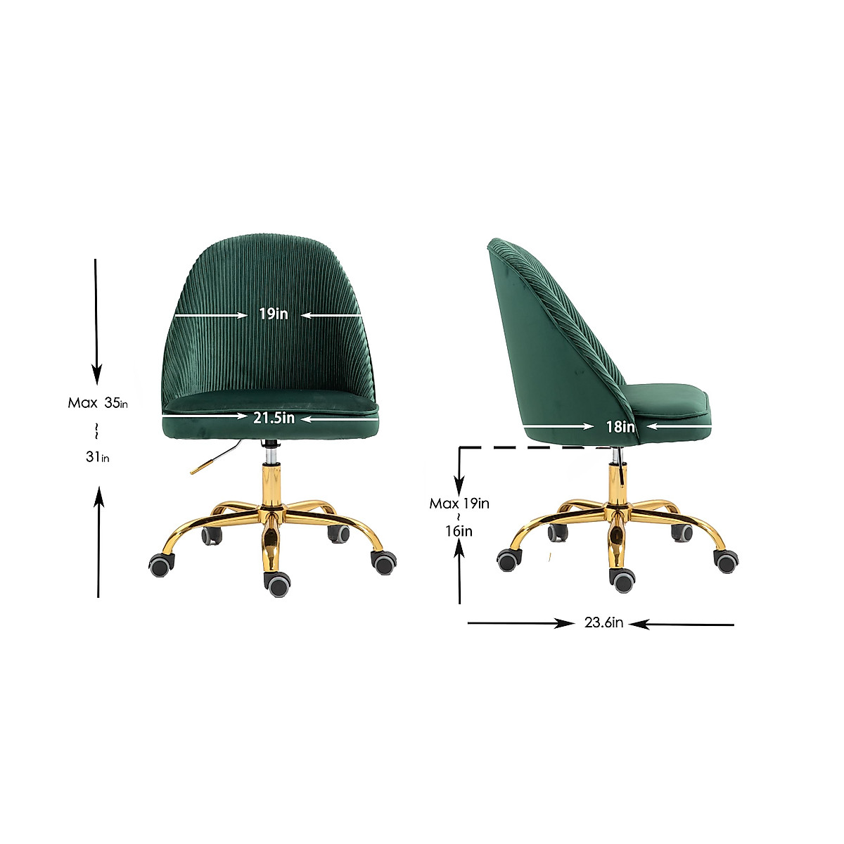 ZOBIDO Comfy Home Office Task Chair with Wheels, Cute Modern Upholstered Velvet Seashell Back Adjustable Swivel Vanity Desk Chair, for Women, for Kids, for Girls, Living Room, Bedroom（Green）
