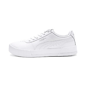 PUMA Womens Carina Leather Sneaker, PUMA Womens White-PUMA Womens White-PUMA Womens Silver, 9.5