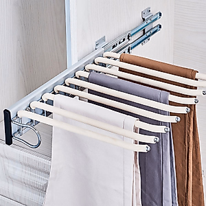 mopam Pull Out Trousers Rack 9 Arms Retractable Closet Pants Hanger Side Mounted Space Saving Trouser Hanger Rack, Left Side Installation, Beige