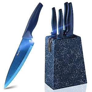 Wanbasion Marbling Kitchen Knife Set With Block, Sharp Kitchen Knife Set Block, Stainless Steel Chef Knife Set with Block Sharpener 6PCS Blue