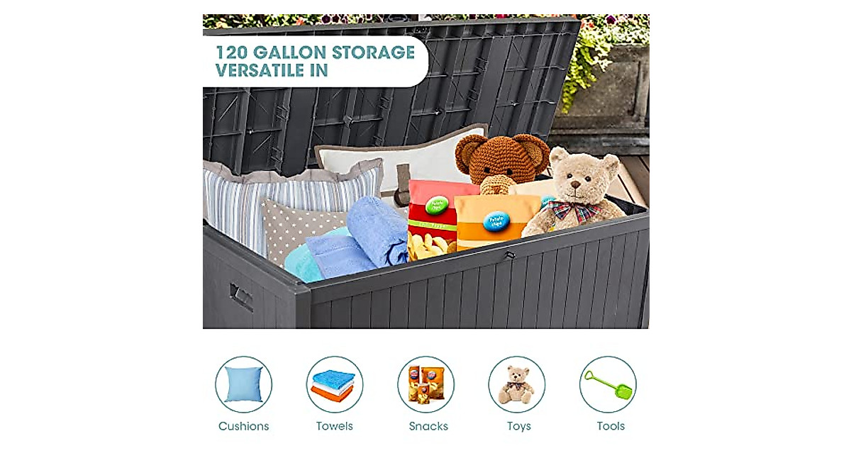 SUNVIVI 120-Gallon Waterproof Outdoor Storage Box with Hydraulic Hinge