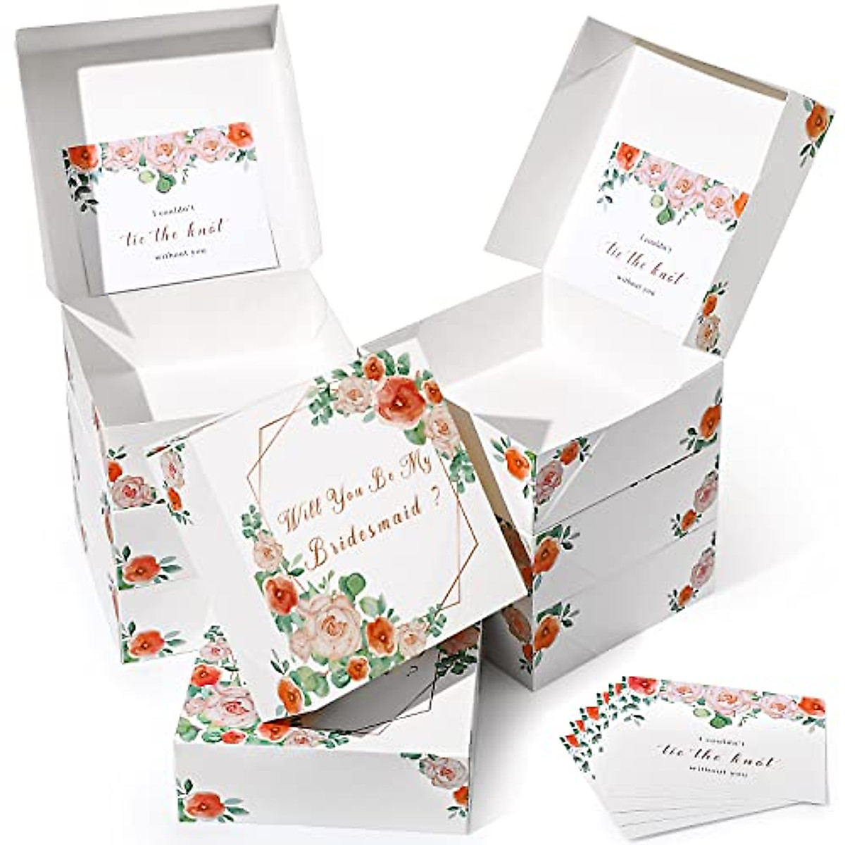 Sepamoon 8 Pack Bridesmaid Proposal Boxes with Pieces Cards, Will You Be My Gift for Bridal Shower, Wedding, Bachelorette Party, Floral Patterned White Box Text