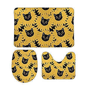 My Little Nest 3 Piece Bath Rugs Mat Set Sunflower Funny Black Cat Soft Foam Bath Mat Non Slip Bathroom Rugs Washable Contour Mat and Lid Cover