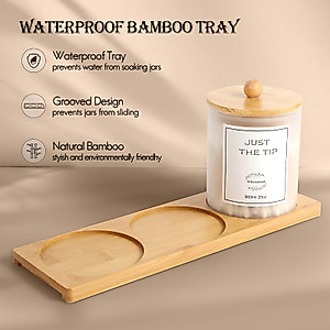 20oz Glass Qtip Holder Dispenser with Bamboo Lids and Tray, 3 Pack Funny Bathroom Organizers and Storage Bathroom Decor Farmhouse Decor, Apothecary Jars for Cotton Swab, Cotton Ball, Cotton Pads