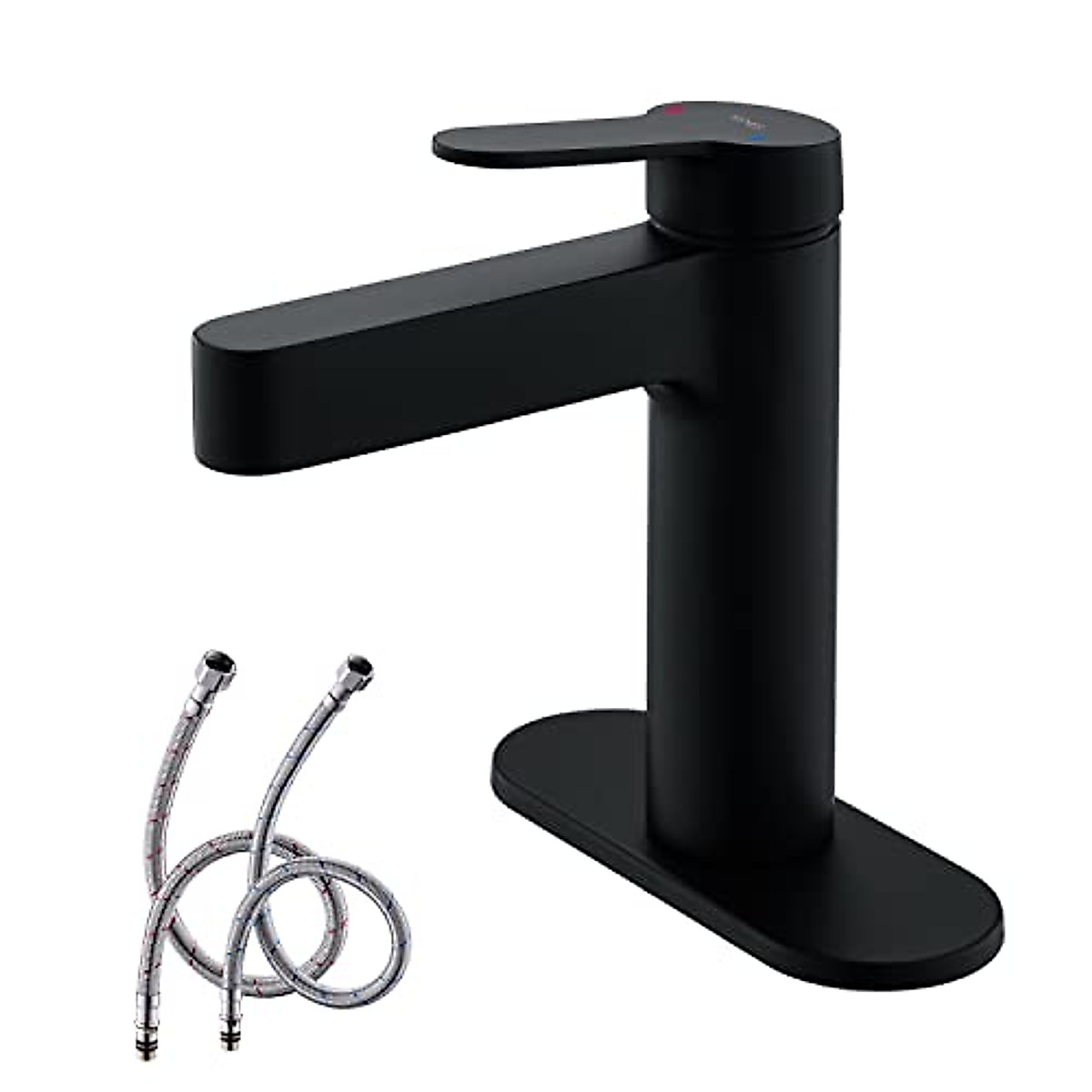 KENES Single Handle Bathroom Faucet, Matte Black Modern Single Hole Bathroom Sink Faucet with Deck Plate, Stainless Steel Lavatory Vanity Faucet Supply Lines Included, KE-9010-2