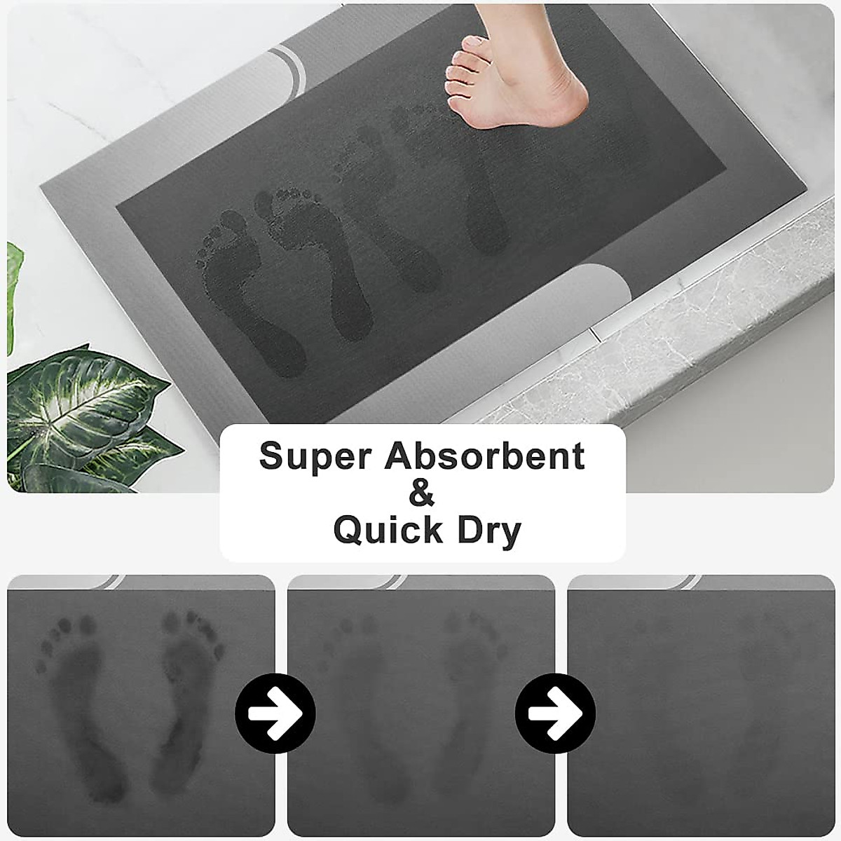 Kmson 2 Piece Bath Mat Set Bathroom Rugs with U-Shaped Mat, Napa Skin Non Slip Ultra Soft and Super Absorbent Diatomite Bath Carpet, Dirt Barrier Quick Dry Floor Door Mat Kitchen Rug Grey