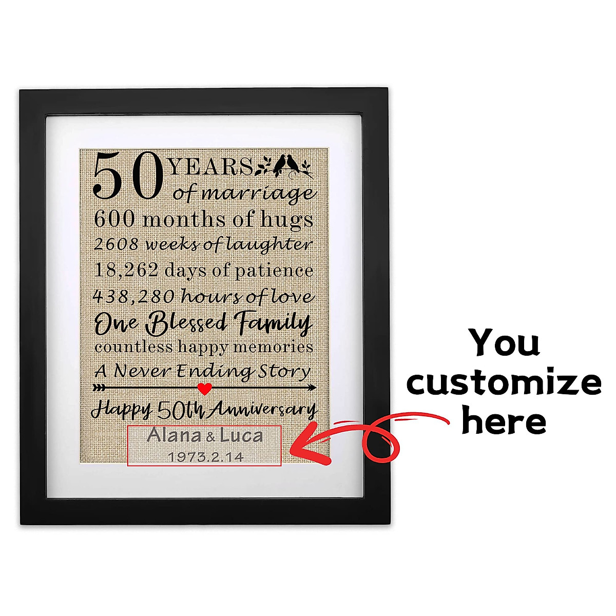 Personalized 50 Years Anniversary Gift for Parents Grandparents, 50 Years of Wedding Anniversary Burlap Print for Mom Dad, Golden 50 Years of Marriage Gifts, Happy 50th Anniversary Decoration