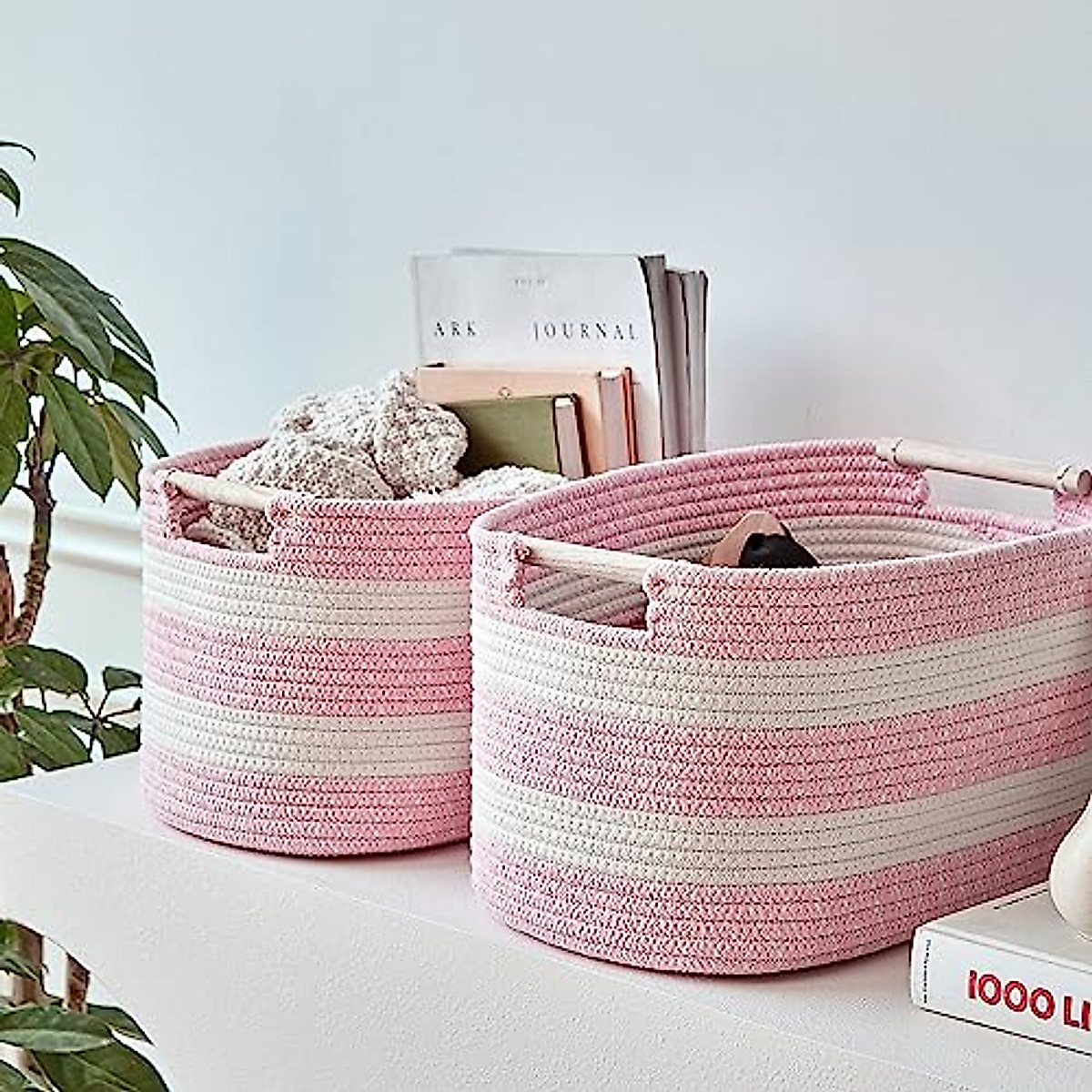 R RUNKA Decorative Storage Baskets - 15"x10.2"x9.1" Cube Storage bins for Organizing Shelves, Entryway, Closet - Versatile Baskets for Books, Towels,Toys - Pink Gift Basket for Girls - White & Pink