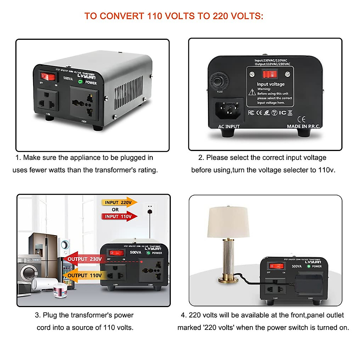 LVYUAN Voltage Transformer Converter 500 Watt Step Up/Down Convert from 110-120 Volt to 220-240 Volt and from 220-240 Volt to 110-120 Volt with US Outlet, Universal Outlet, Circuit Breaker