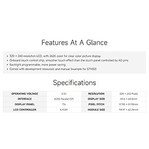 waveshare 3.2 Inch 320x240 Multicolor Graphic LCD, with Touch Panel and Stand-Alone Controllers