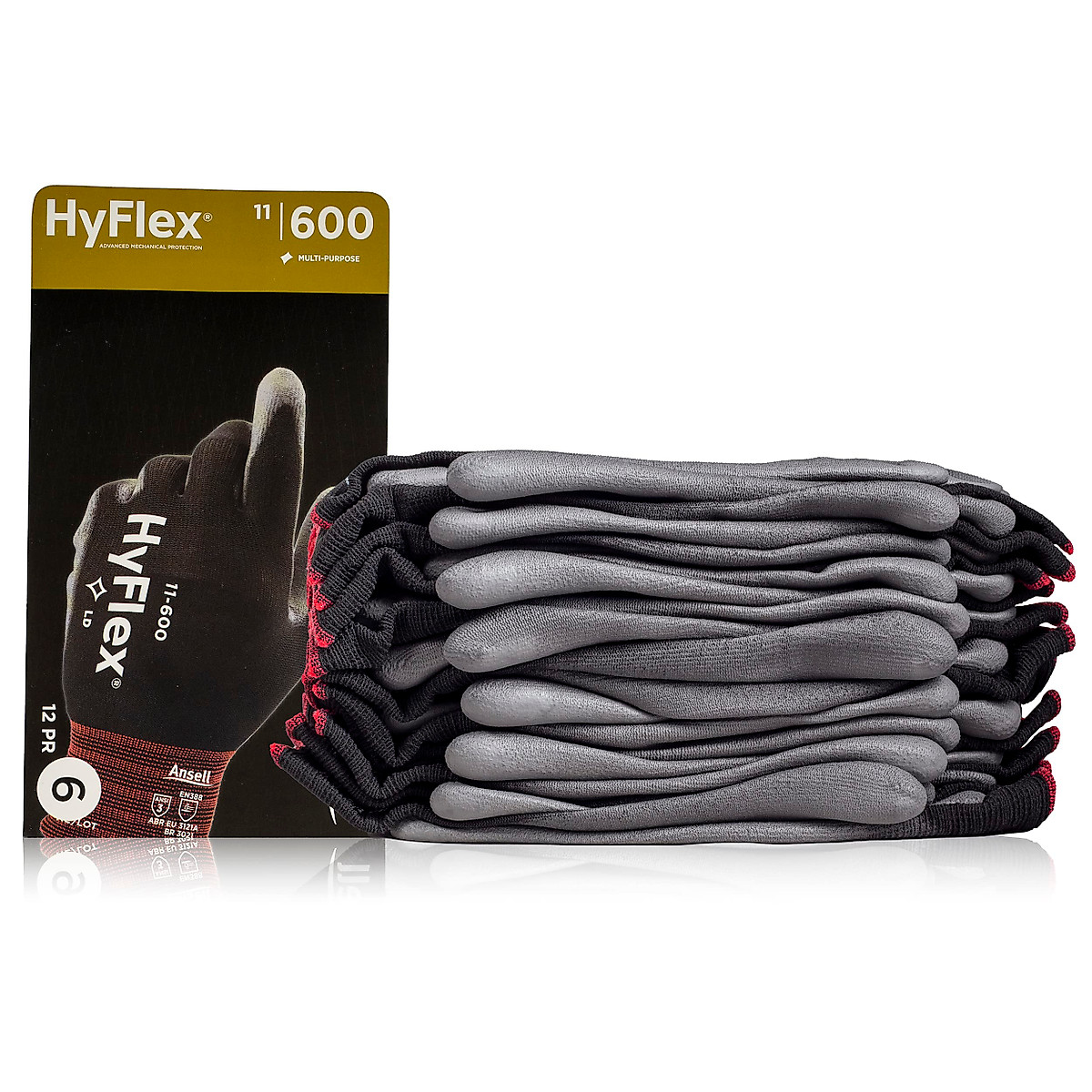Ansell HYFLEX 11-600 Light Duty Nylon Industrial Gloves w/Palm Coating for Metal Fabrication, Automotive - Medium (8), Black (12 Pairs)