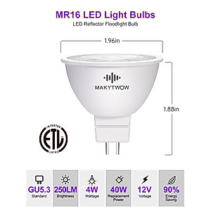 MAKYTWOW MR16 LED Light Bulb, Purple, Gu5.3 Bi-pin Base LED Spotlights 12V LED Light for Outdoor Landscape Track Lighting, 4W=50W Halogen Equivalent, 6Pack