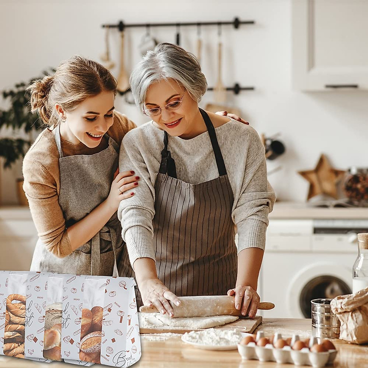 AeKahtay 50 Pack Paper Bread Bags with Front Window, 13.8 x 9.5 x 4.3 Inch Large Paper Bread Bags for Homemade Bread Gift Giving with Stickers