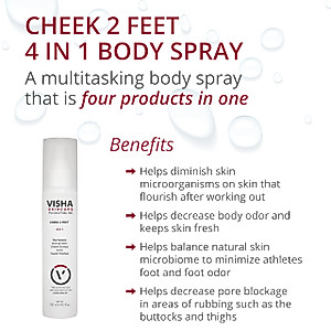 Visha Skincare Cheek 2 Feet 4 in 1 Body Spray for Men and Women, Decreases Bumpy Skin and Shave Bumps, Blemishes and Sweat Rashes, Aluminum Free Deodorizing Mist for Daily Use and After Workout 4fl oz