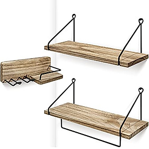 SUGMAR Floating Shelves Wall Mounted with Hair Dryer Holder, Decorative Storage Shelves with Towel Bar, Rustic Wood Storage Shelf for Bathroom, Kitchen, Bedroom, Office, Set of 3