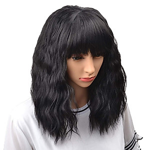 BERON Black Wig for Womens Short Curly Wavy Bob Hair Wigs with Bangs Movie Cosplay Costume Wig Heat Resistant Synthetic Wig Daily Party Use