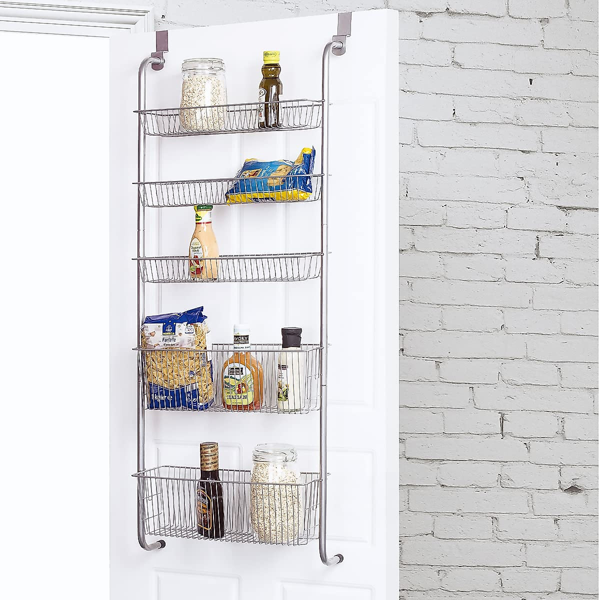5 Tier Over The Door Pantry Organizer (Silver), By Home Basics | Metal Pantry Door Rack | Hanging Pantry Organizer For Condiments, Spices, Snacks, and Canned Goods
