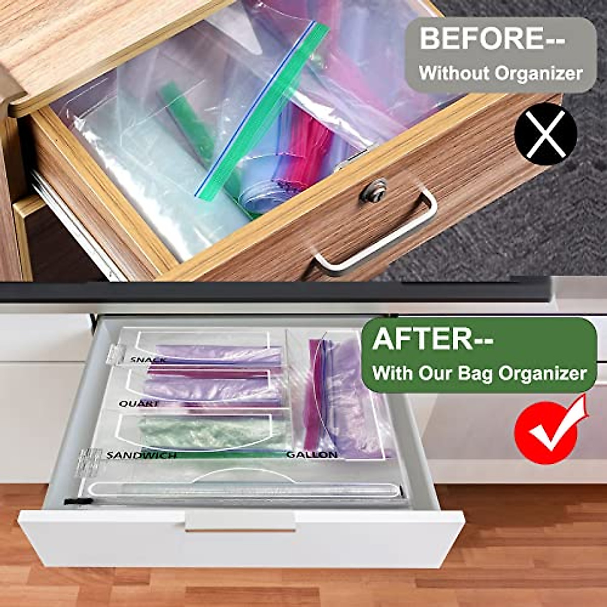 Acrylic Ziplock Bag Storage Organizer, EFOBO Foil Plastic Wrap Ziplock Bag Organizer, Food Storage Baggie Organizer with Foil Dispenser, Drawer Baggie Holder for Gallon, Quart, Snack & Sandwich Bags