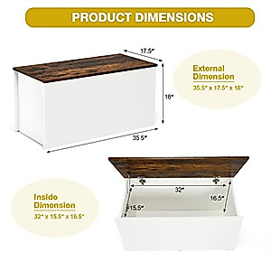 Costzon Kids Toy Box Storage Chest, Wooden Children Storage Bench Ottoman Trunk w/Flip-top Lid, 35.5” Wide Toddler Cabinet Organizer w/Pneumatic Rod for Kids Play Room Nursery (Rustic Brown + White)