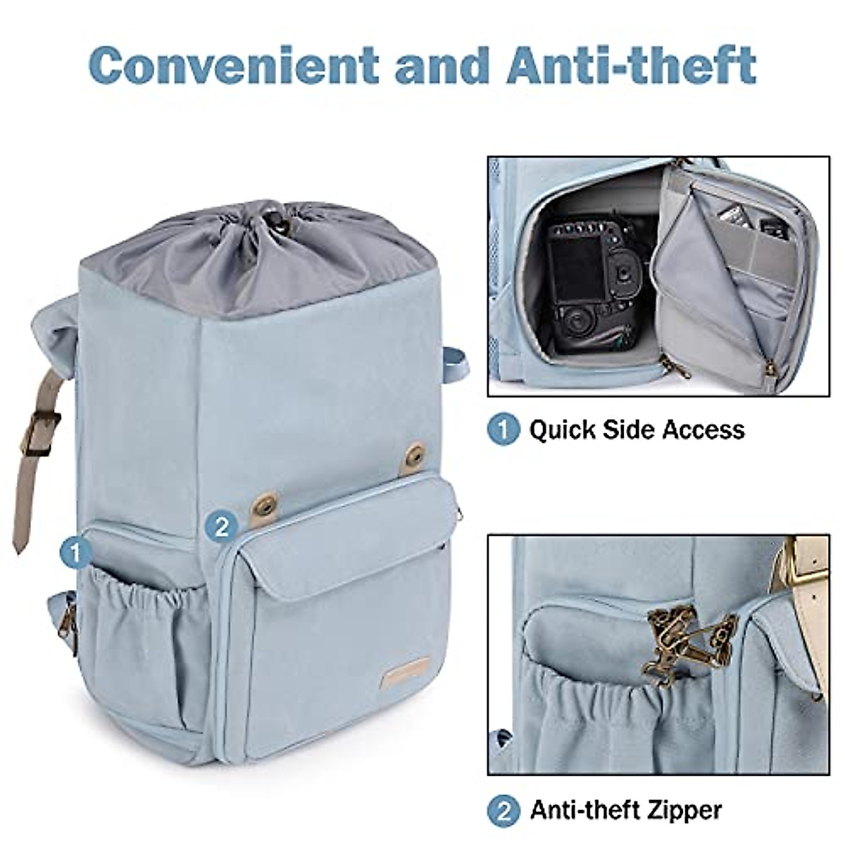 BAGSMART Camera Backpack, DSLR Camera Bag, Waterproof Camera Bag Backpack for Photographers, Fit up to 15" Laptop with Rain Cover and Tripod Holder, Light Blue