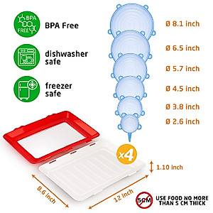 BOXSORY Food Preservation Trays - New Version 2021, Stackable, Reusable and Odor Free - Dishwasher Safe Refrigerator Storage Tray (4pcs) + Stretch Lids (6pcs)