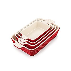 MALACASA Casserole Dishes for Oven, Porcelain Baking Dishes, Ceramic Bakeware Sets of 4, Rectangular Lasagna Pans Deep with Handles for Baking Cake Kitchen, Red (9.4"/11.1"/12.2"/14.7"), Series BAKE.BAKE