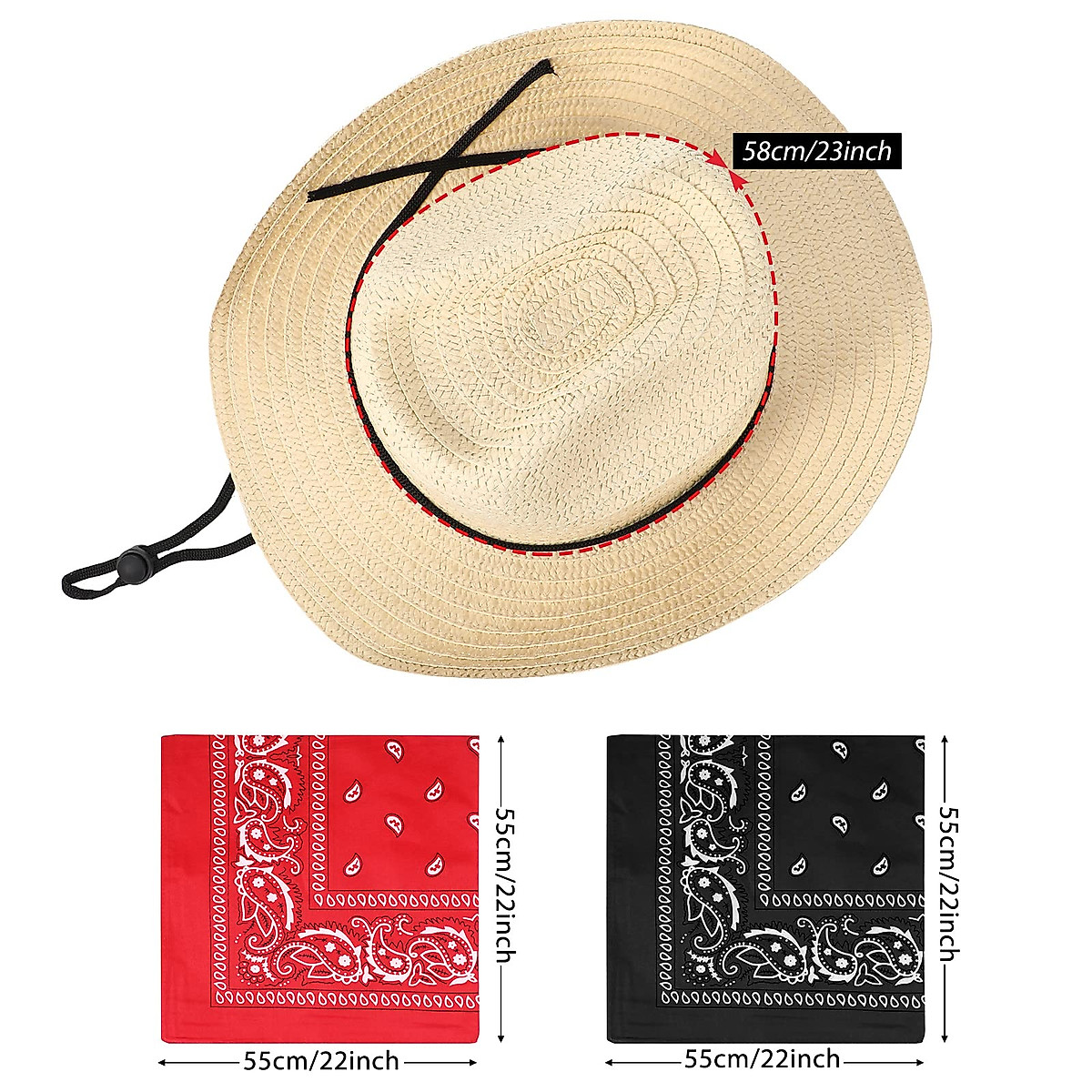 SATINIOR 12 Set Straw Cowboy Caps and Bandanas Cowboy Party cap Costume Head Bandana Bulk Western Accessories(Beige, Classic Style)