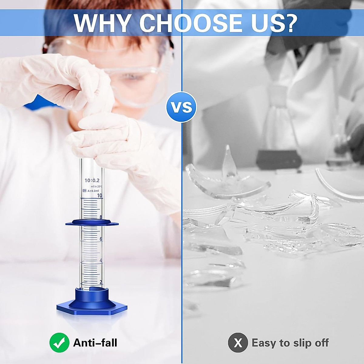 Thick Glass Graduated Cylinder Measuring Liquid Lab Cylinders with Anti-Falling Plastic Base and Bumper Guards (Glass, 10ML)