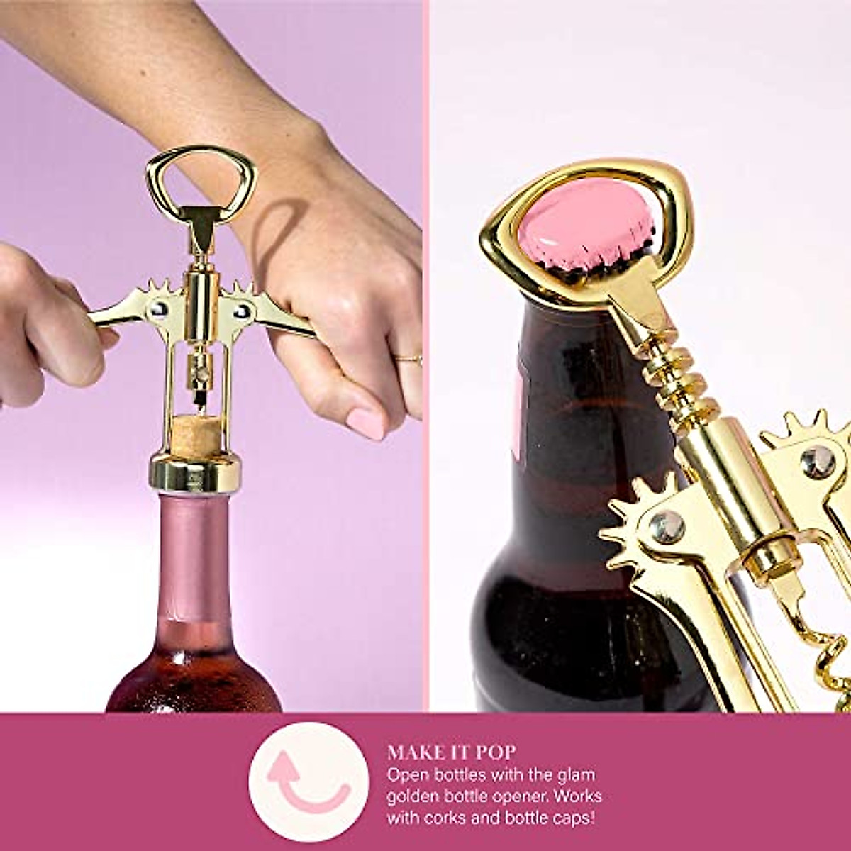 Paris Hilton Wine Bottle Chiller Set, Insulated Double Wall Chiller, Gold Winged Corkscrew Wine Bottle Opener, Diamond Wine Stopper, 3-Piece Set, Pink