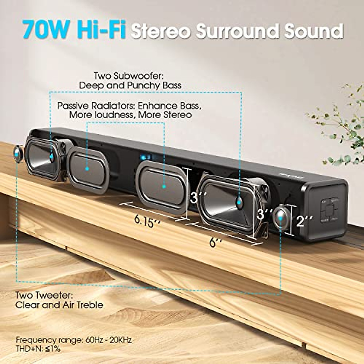 W-KING 70W Sound Bars for TV with Subwoofer (Built-in), 2.0ch TV Sound Bar Surround Sound Speakers, Bluetooth/HDMI-ARC/Optical/Coaxial/AUX/RCA/USB Drive, 35.4" TV Speakers Soundbar with SUB Out/3-EQ