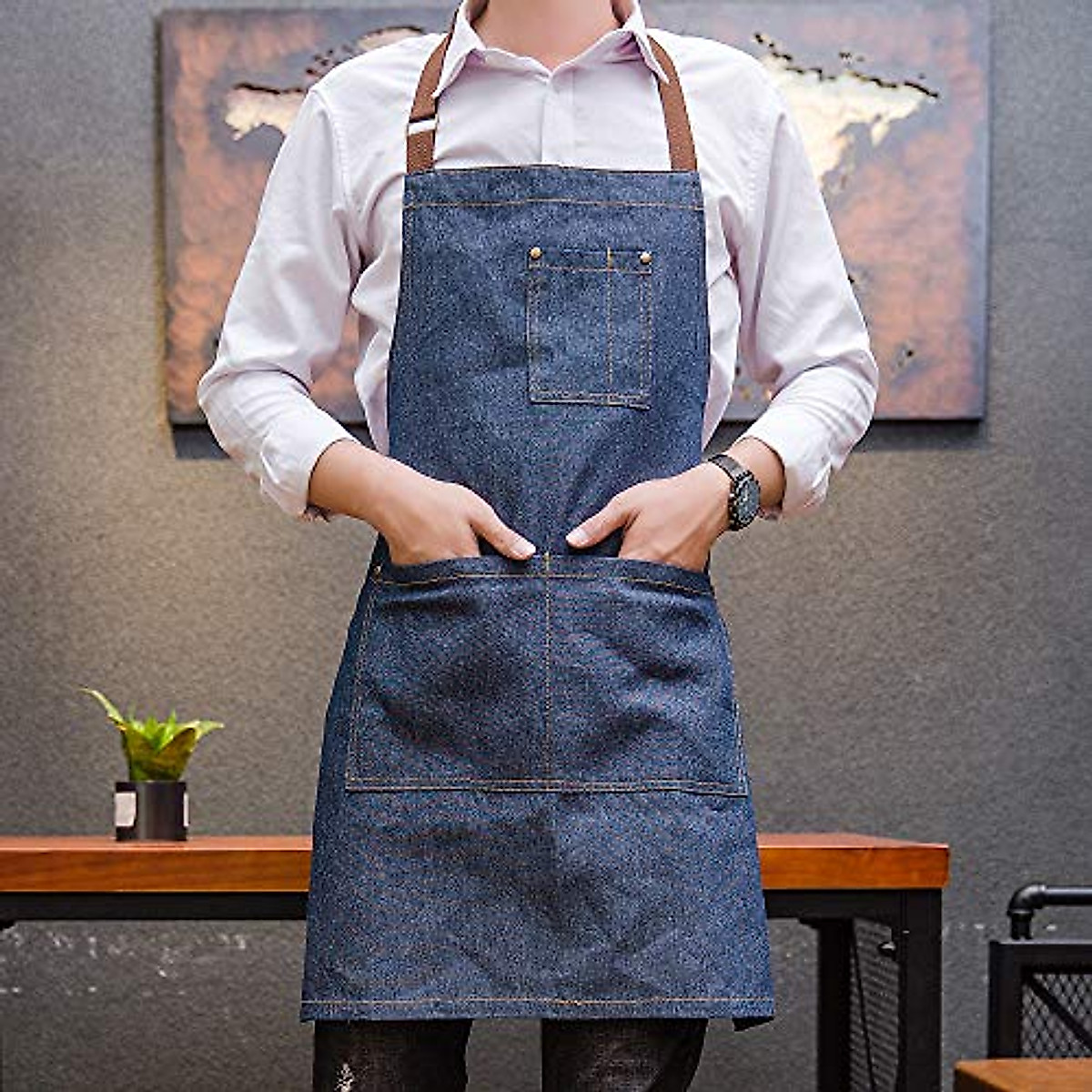 Yiswear Unisex Adjustable Multi-Pocket Denim Apron,for Chef, Kitchen, BBQ and Studio