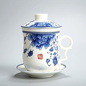 Tea Talent Porcelain Tea Cup with Infuser Lid and Saucer Sets - Chinese Jingdezhen Ceramics Coffee Mug Teacup Loose Leaf Tea Brewing System for Home Office