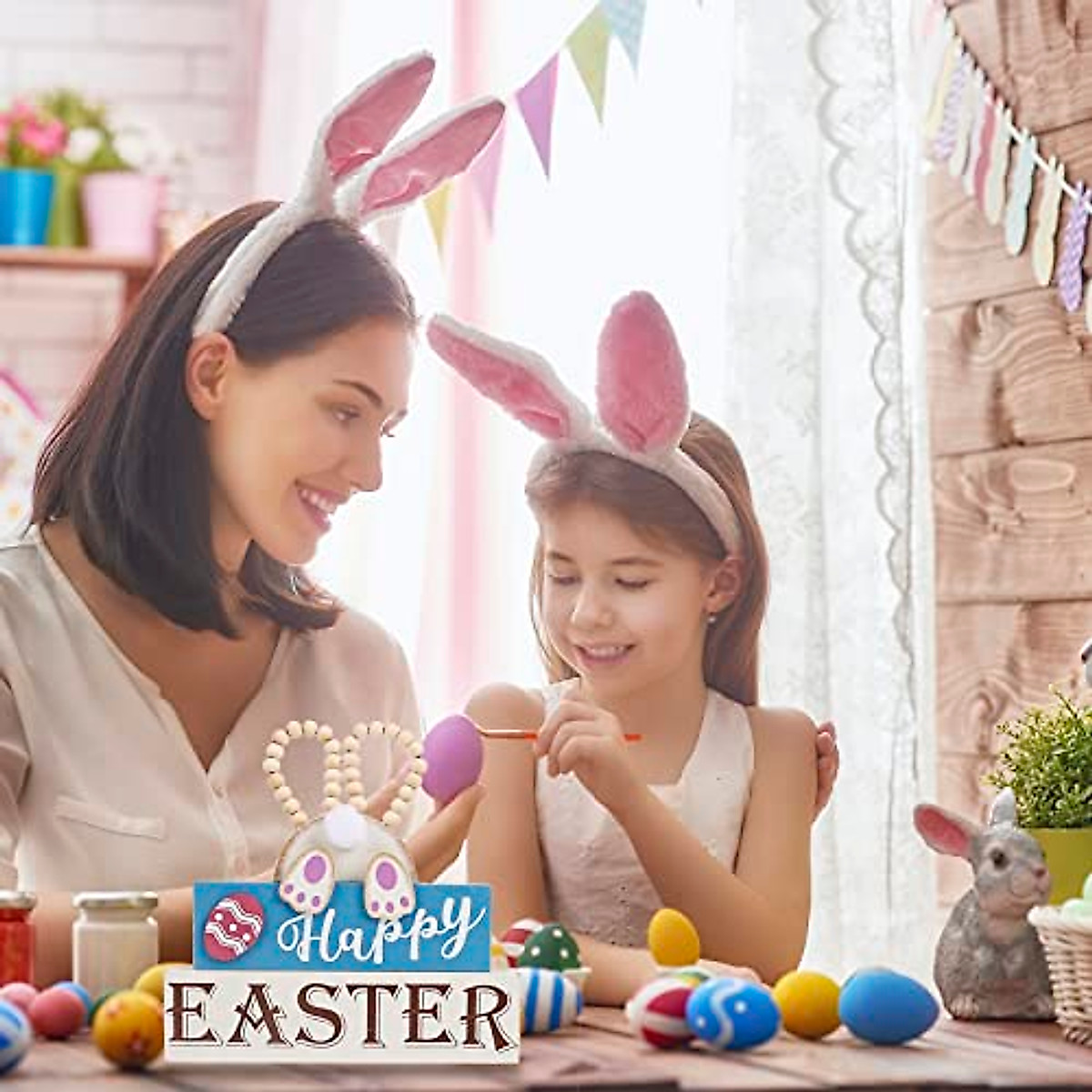 OYATON Easter Decorations for the Home - Rustic Spring Happy Easter Bunny Wood Sign Block with Egg and Wooden Beads Decor for Table, Mantle, Tiered Tray - Indoor Mini Easter Decor