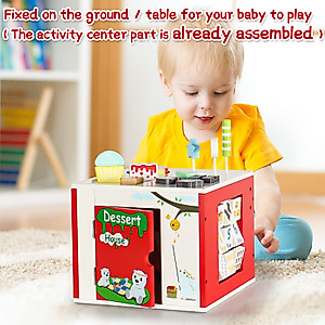 Baby Walker for Girls - Wooden Activity Cube Center for Baby with Pretend Food, Chalkboard, Clocks 6 in 1 Educational Learning Toys for Toddlers - Gift for 1 Year Old Girls & Boys - Easy Assembly