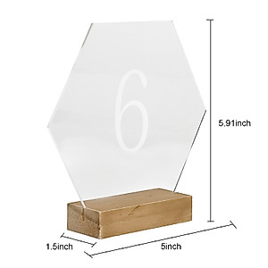 Hanna Roberts Modern Hexagonal Geometric Table Number Acrylic Signs with Wood Stands for Wedding Reception, Restaurant, Event Party, 5" x 1.5" x 5.9" (Number Design, Set of 10 (1-10))