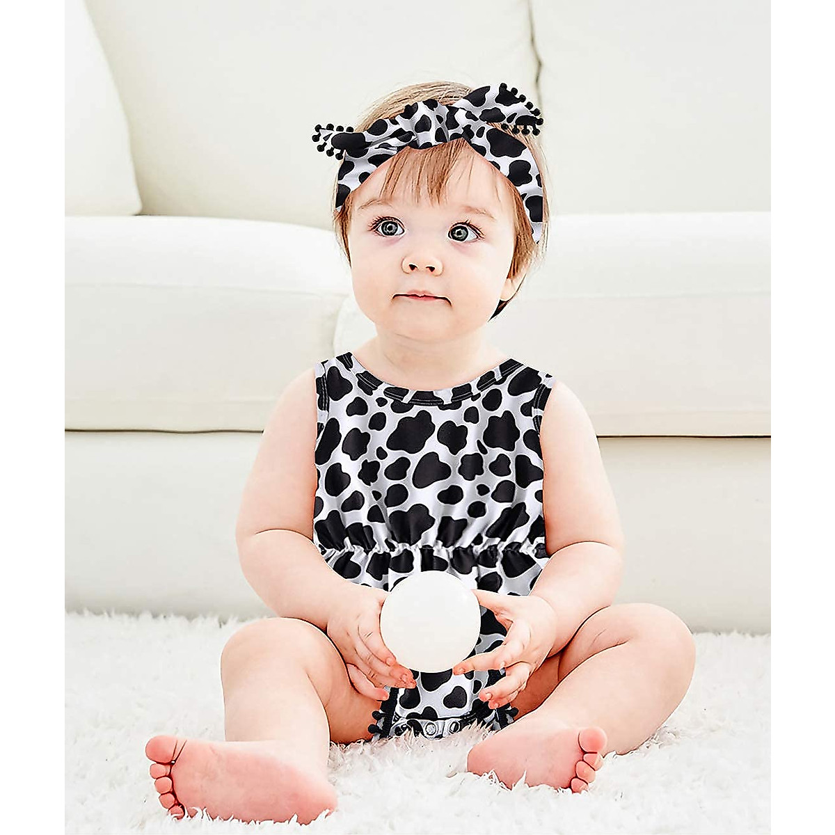 Leapparel Baby Girls Rompers Cute Cow Jumpsuits Infant Boys Outfit Clothes Black Pompom Bodysuits White Baby Playsuit with Bow-Knot Headband for 3-6 Months