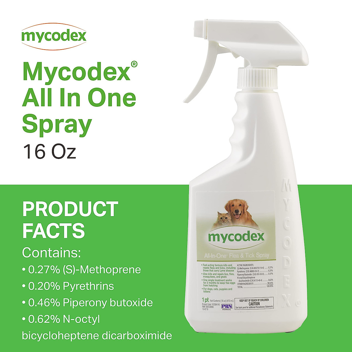 PRN Pharmacal Mycodex All-in-One Flea and Tick Spray for Parasites of Dogs and Cats - Controls Fleas, Ticks, Lice, Mosquitoes, Gnats, Flies, and Flea Larvae - 16 Oz