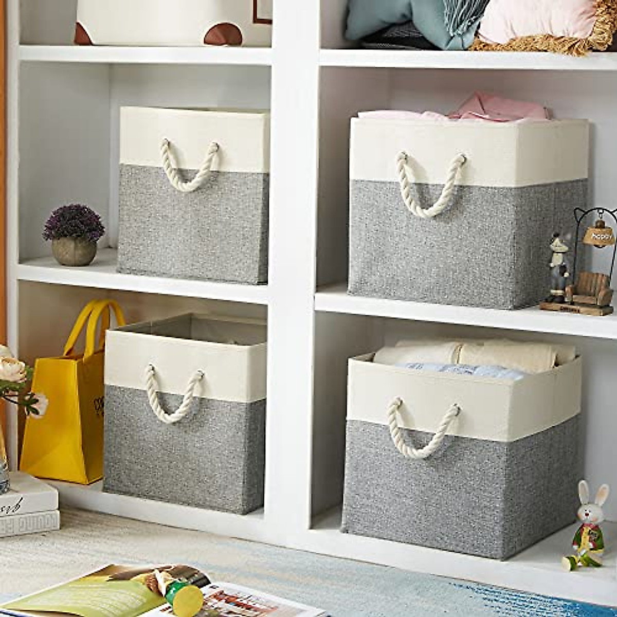 Onlycube Foldable Fabric Storage Bins 13x13x13 inch for Cube Organizer with Cotton Rope Handles, Collapsible Basket Box Organizer for Shelves and Closet, Beige/Grey, 4Pack
