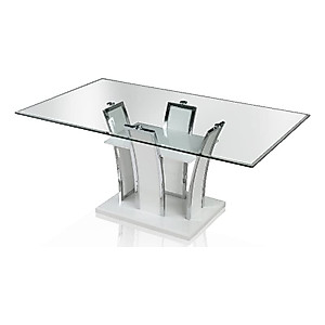 Benjara Wooden Dining Table with Pedestal Base and Chrome Trim Details, White