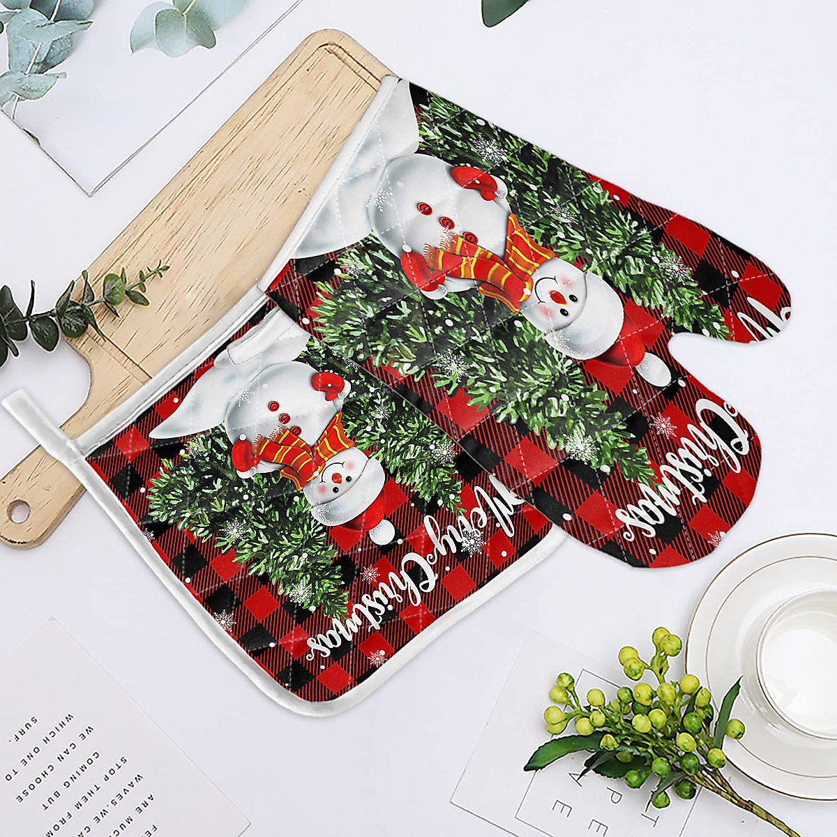 christmas Set of Oven Mitt and Pot Holder Snowman with Xmas Tree Kitchen Oven Gloves and Hot Pads Heat Resistance Non-Slip Surface for BBQ Cooking Baking Grilling Red Buffalo Plaid Check