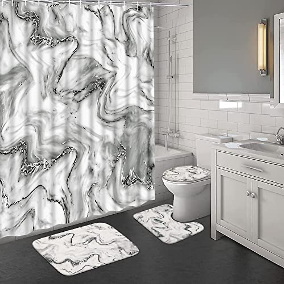 Claswcalor 4 Pcs Grey Marble Shower Curtain Sets with Non-Slip Rug, Toilet Lid Cover and Bath Mat, Abstract White and Gray Shower Curtain with Hooks, Modern Luxury Shower Curtains for Bathroom Decor