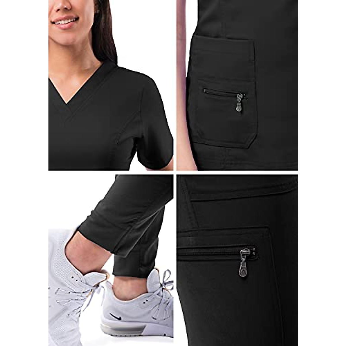 Adar Pro Flawless Plus Scrub Set for Women - Elevated V-Neck Top & Jogger Scrub Pants - P9600 - Black - M