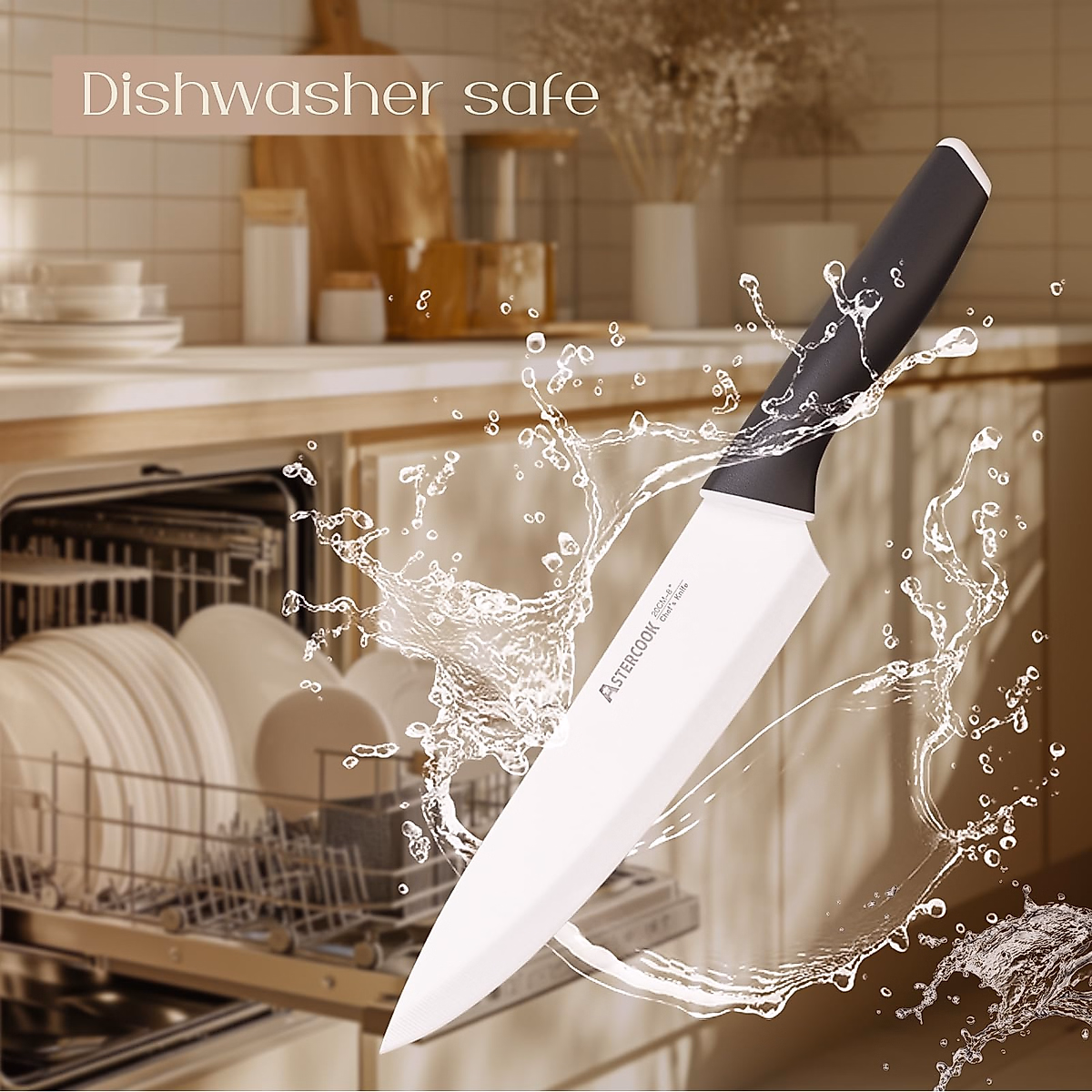 Astercook Knife Set, Kitchen Knives with Block and Sharpener Ceramic Coating 15 Pcs German Stainless Steel Knives Sharp Blade Dishwasher Safe Kitchen Utensils Set with Ergonomic Handle, Elegant Black