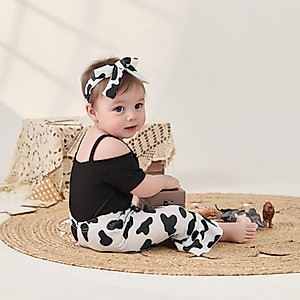Lefyira Cow Print Bell Bottoms Baby Girl Off Shoulder Short Sleeve Romper Rib Knit Button Bodysuit Flare Pants Headband Outfit (Black, 18-24 Months)