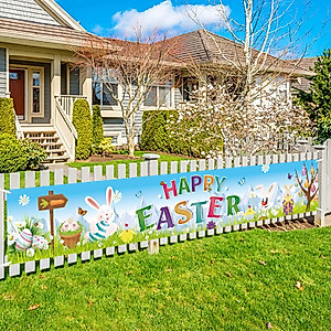 Long Happy Easter Backdrop Banner, Welcome Spring Easter Bunny Colorful Eggs Flower Themed Decoration Banner, Easter Party Supplies for Wall Home Indoor Outdoor Decoration(7.9 x 1.3ft)