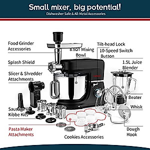 COOKLEE 6-IN-1 Stand Mixer, 8.5 Qt. Multifunctional Electric Kitchen Mixer with 9 Accessories for Most Home Cooks, SM-1507BM (Black)