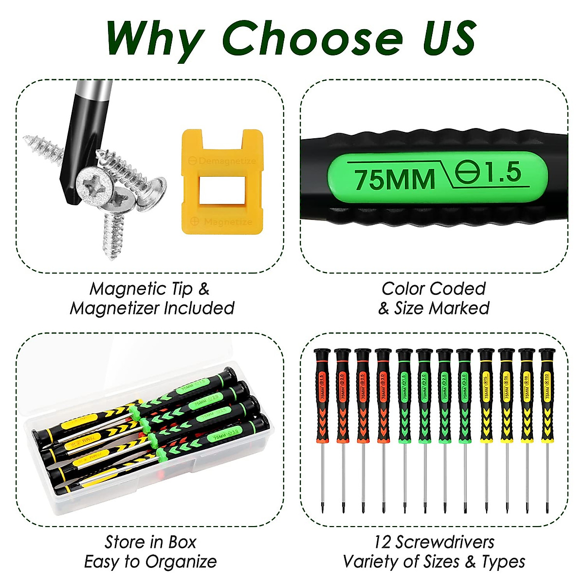 Screwdriver Set, FIXITOK 12Pcs Small Screwdriver Set Phillips Flathead Torx Screwdrivers Magnetic Jewelers Screwdriver Set Mini Screwdriver Set w/Magnetizer for Eyeglass Computer Phone Laptop Jewelry