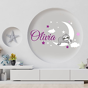 waldo Custom Name Sloth Moon Stars Nursery Wall Decal - WM45. Removable Nursery Wall Decal for Baby Room - Mural Wall Decal for Kids