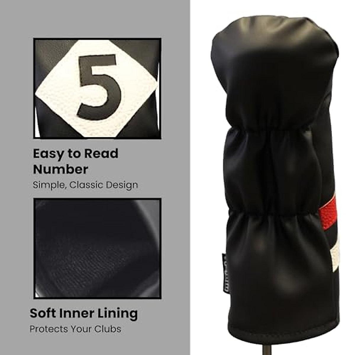 Majek Retro Golf Headcover Black Red and White Vintage Leather Style #5 Fairway Wood Head Cover Classic Look